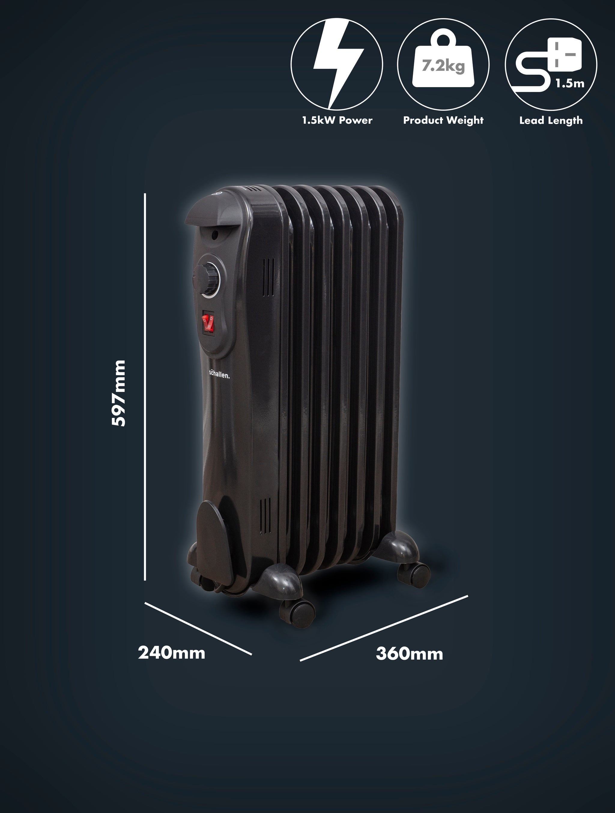 Schallen Black 1500W 7 Fin Portable Electric Slim Oil Filled Radiator ...